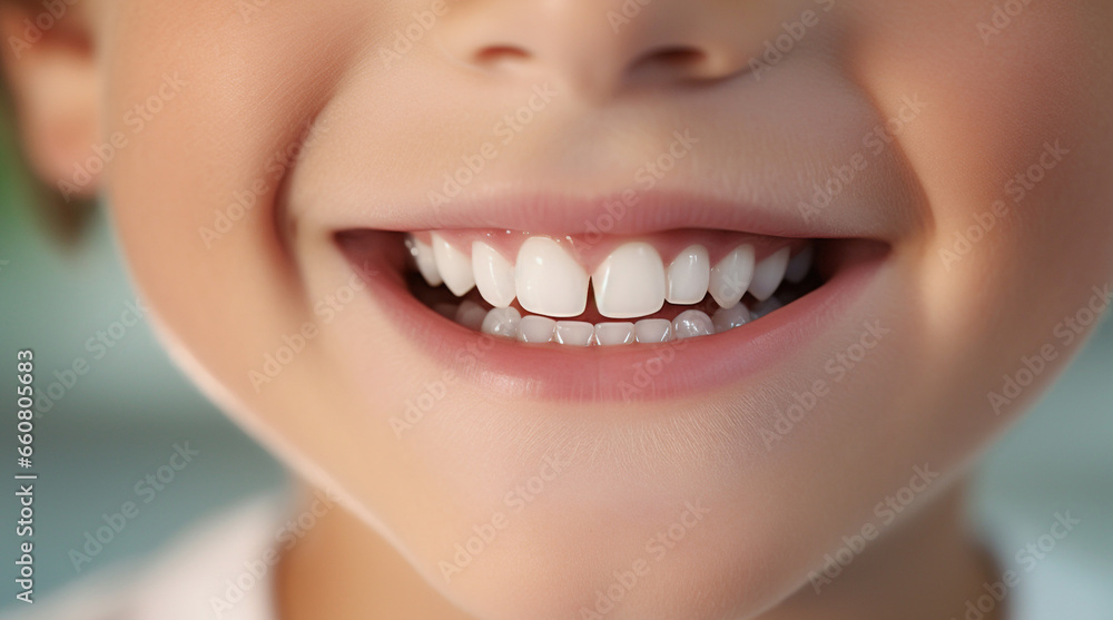 Perfect white teeth smile of a kid, close up. Child oral care dentistry ...