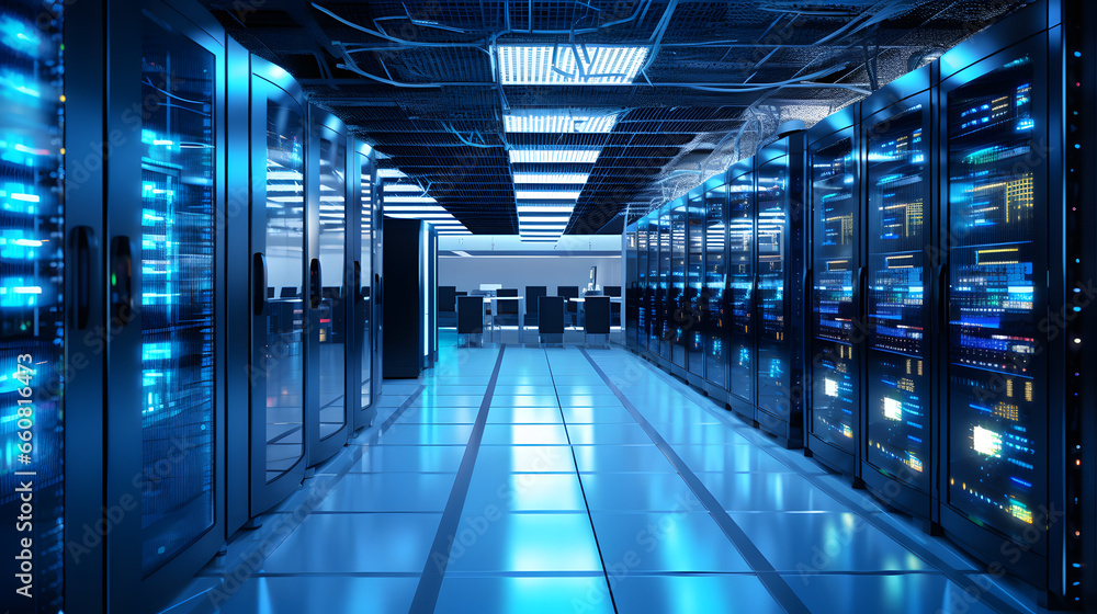 Data center with rows of servers and cooling systems, technology ...
