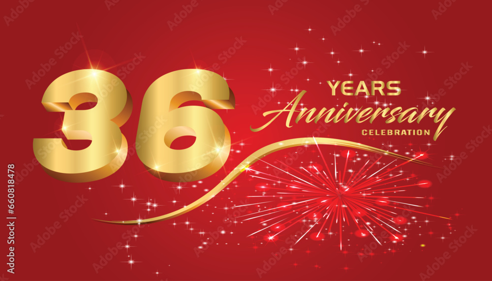 Celebrate the 36th anniversary with gold 3D letters, gold ribbons on a ...