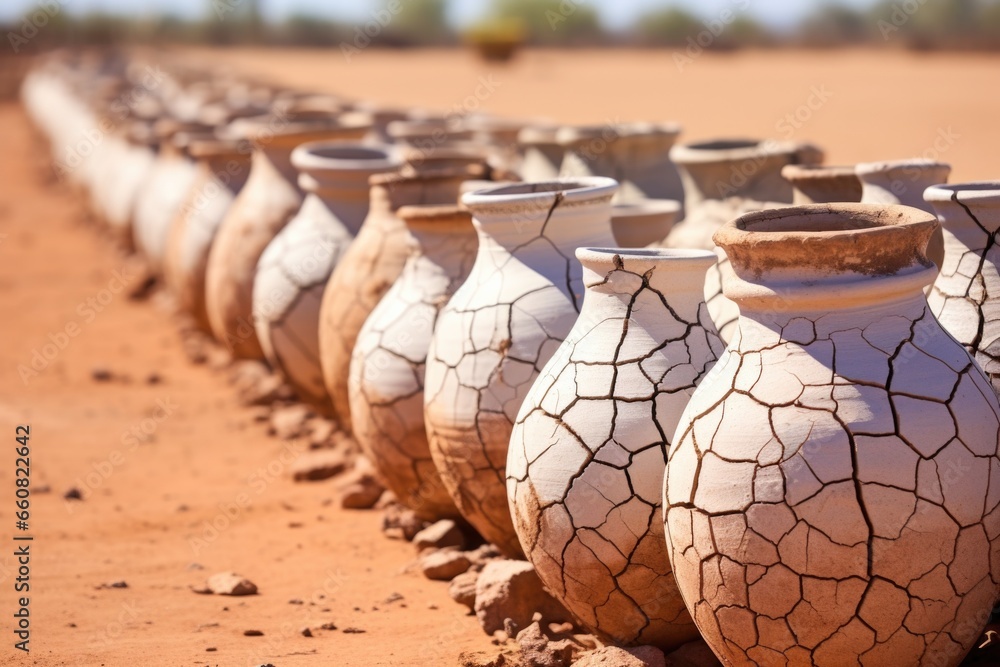 cracked clay pot in a lineup of intact pots Stock Photo | Adobe Stock
