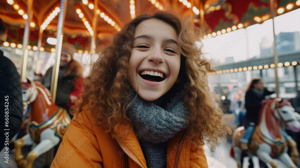 Teenage boys and girls are happily riding a carousel in winter ...