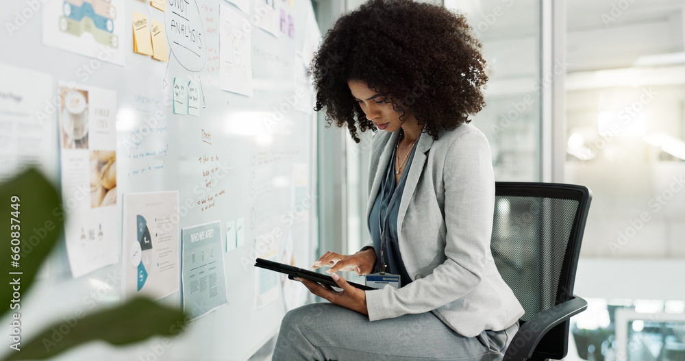 Business, woman and tablet with planning, brainstorming and research ...