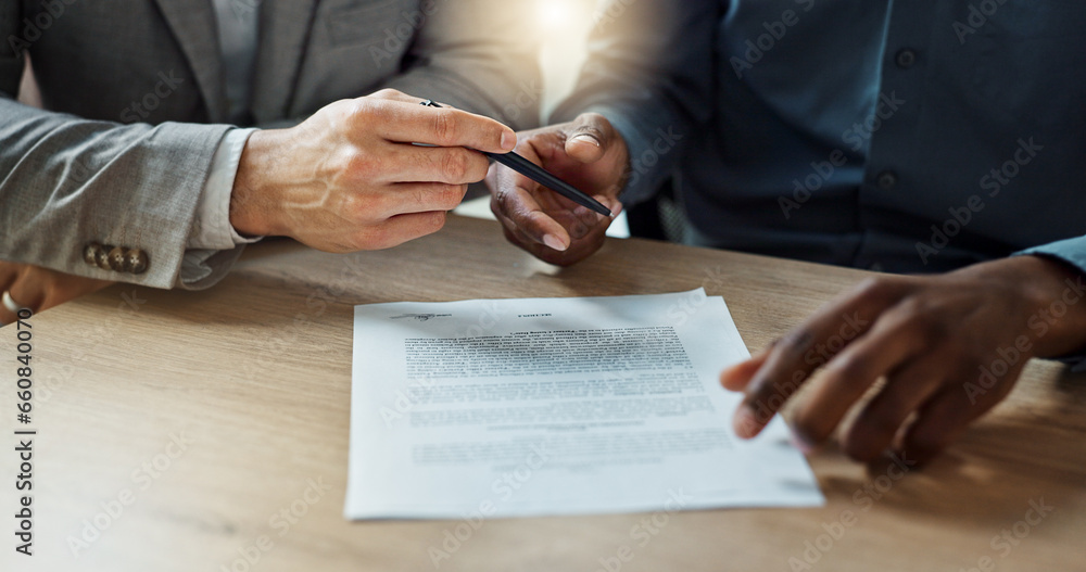 Business, hands and writing signature on contract or legal documents ...