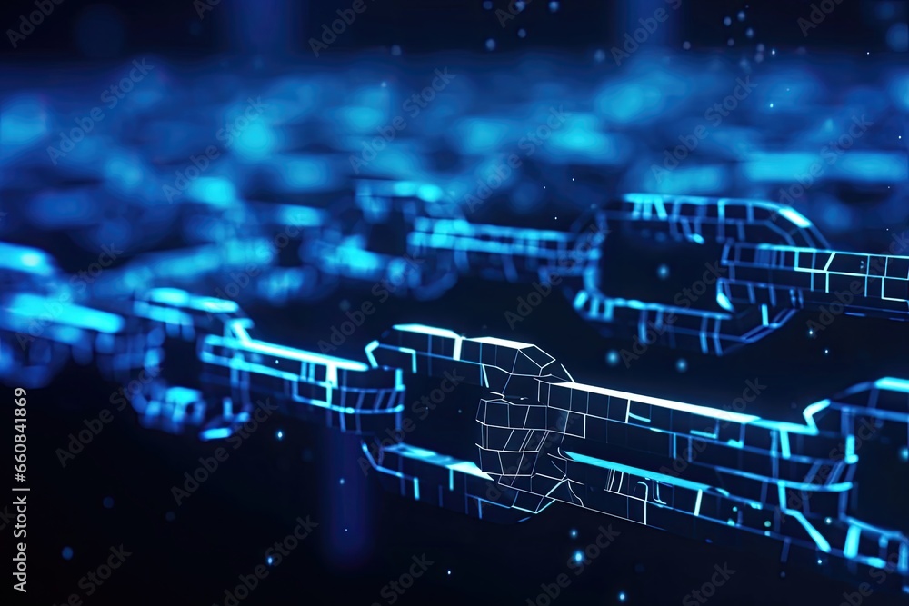 Technology Blockchain with chains and binary blue background ...