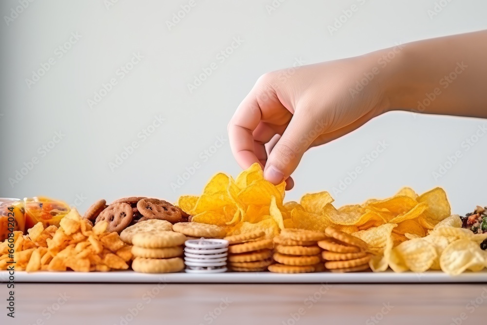 Hand taking a chips potatoes from a table full of junk food Stock ...