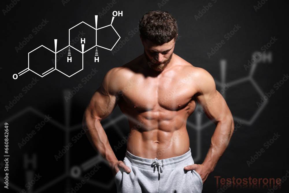 Muscular man and structural formula of testosterone on black background ...