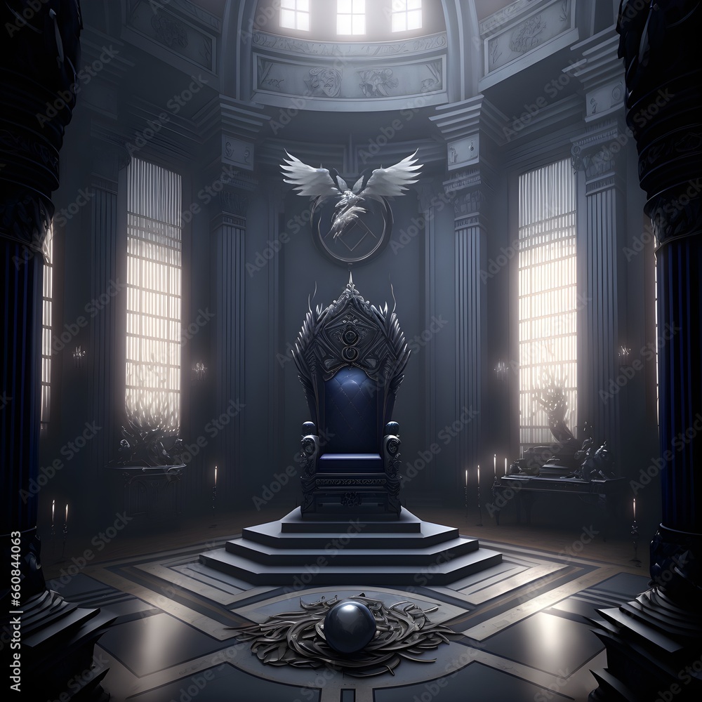 a grand and majestic royal palace throne hall black navy silver simple ...