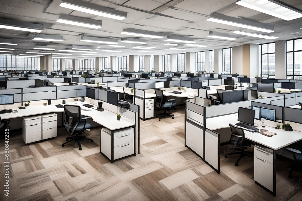 An open-plan office space with rows of cubicles and employees working ...