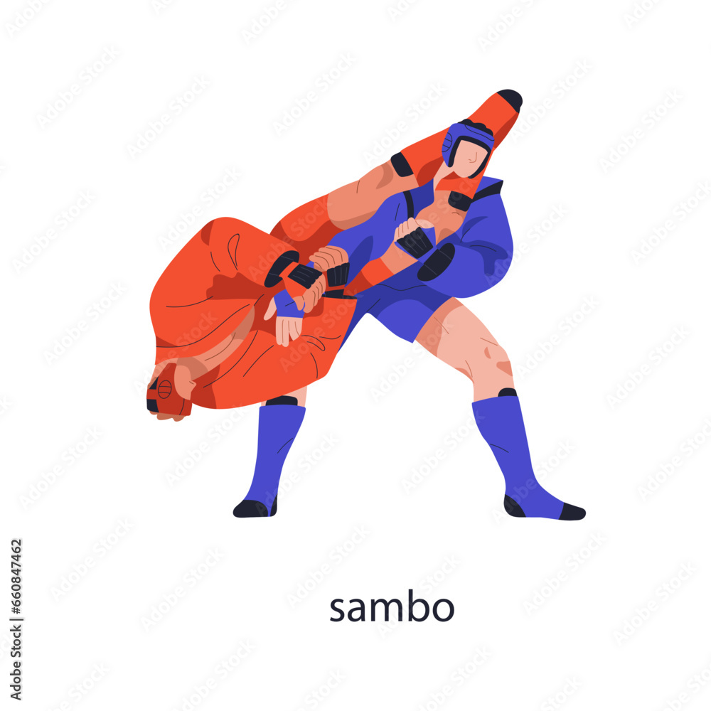 Sambo fight. Sport combat. Men fighters battle, competition. Two ...