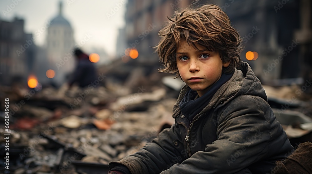 Homeless boy sitting on the ground in front of a burning building Stock ...