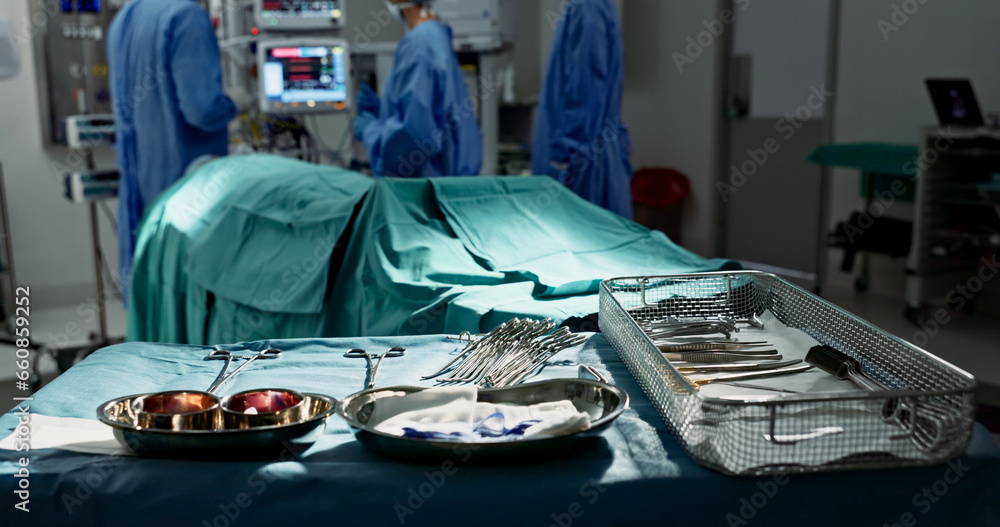 Foto de Surgery, healthcare and tools in operation theatre, help in ...
