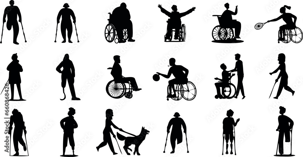 Disability Awareness Vector Illustration, Silhouette of Disabled People ...