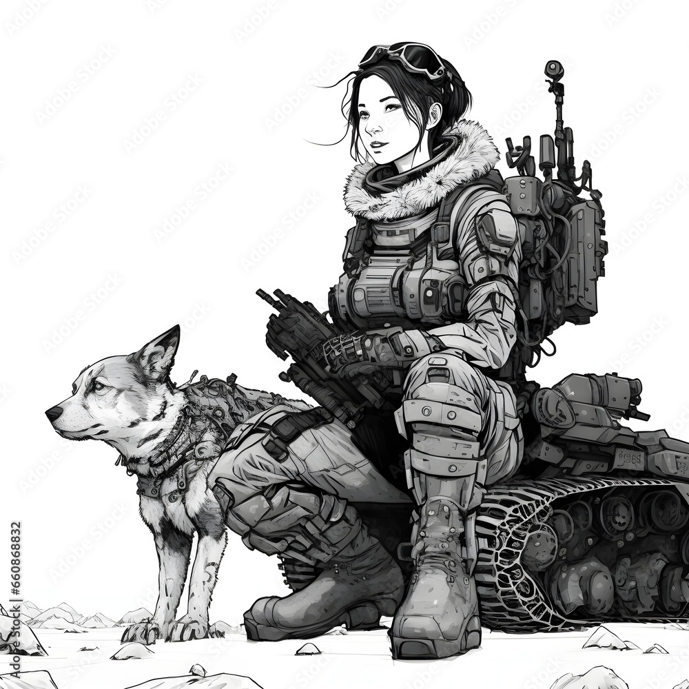 smiling female futuristic winter explorer kneeling down playing fetch ...