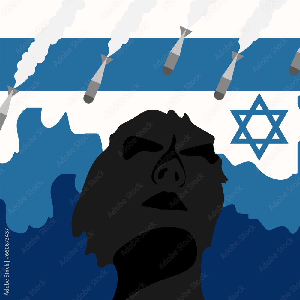 Silhouette person on Israel flag background under bombs atack ...