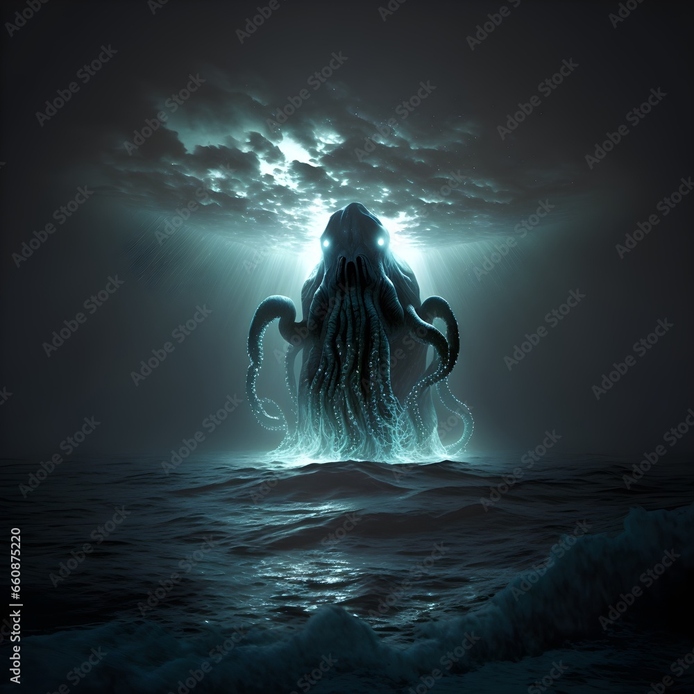 HP Lovecraft style giant monster coming out of the ocean at night ...