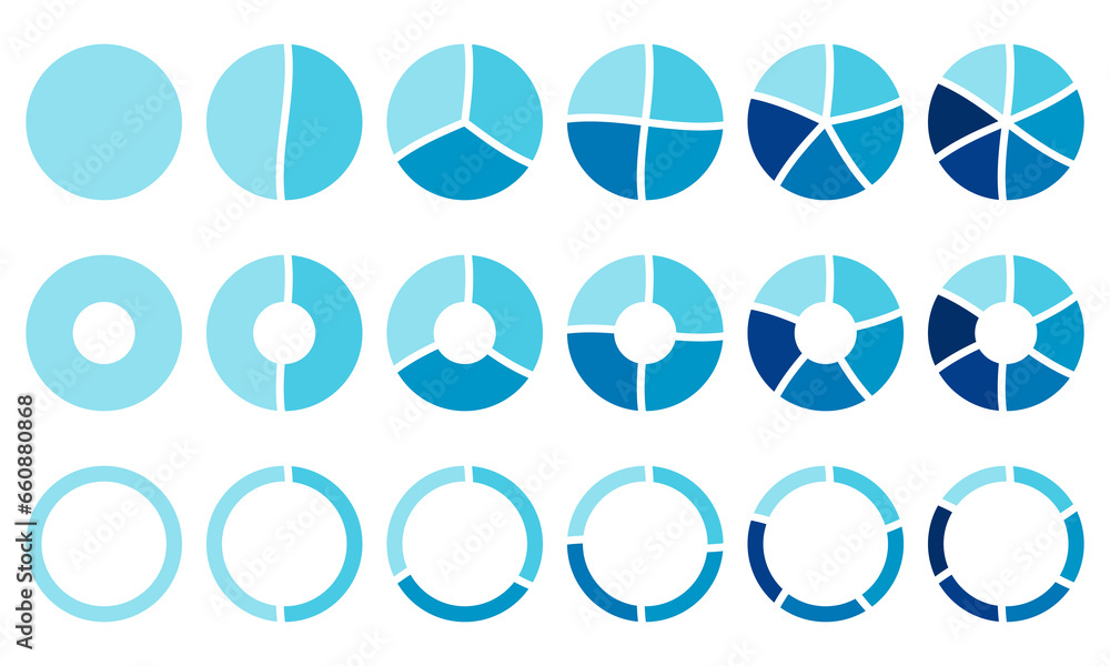 Pie chart with 1, 2, 3, 4, 5, 6 sections, parts or segments. Circle ...