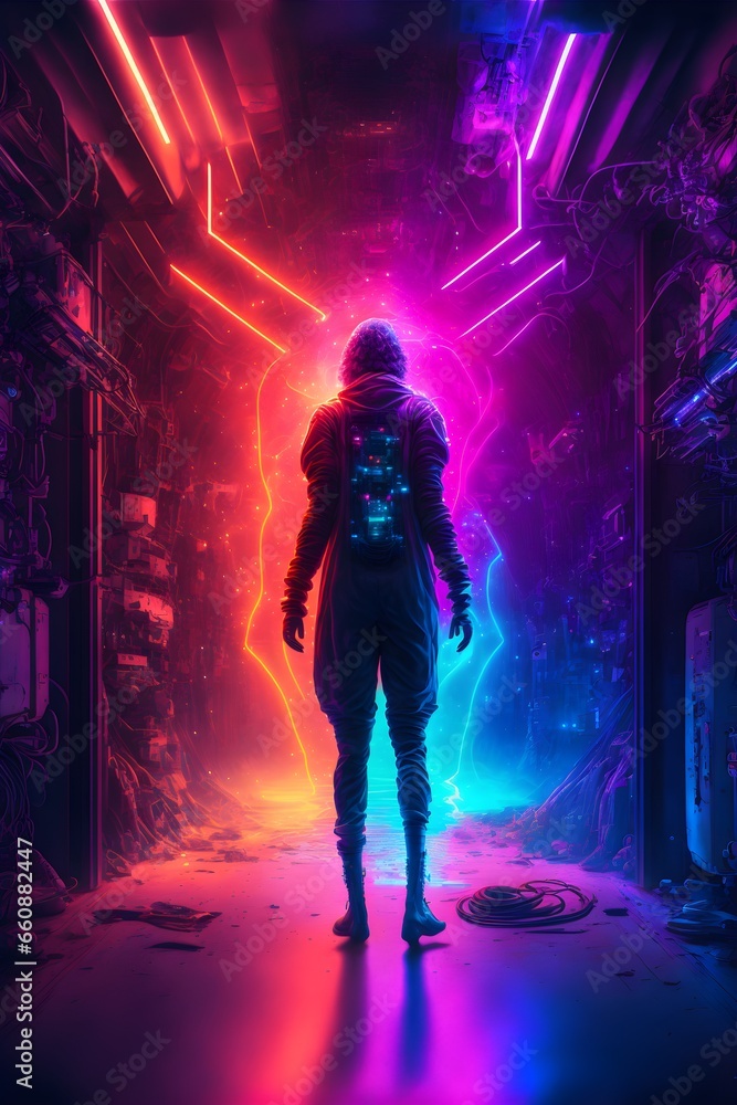 leonardo da vincis take on transhumanism colorful neon color scheme ...