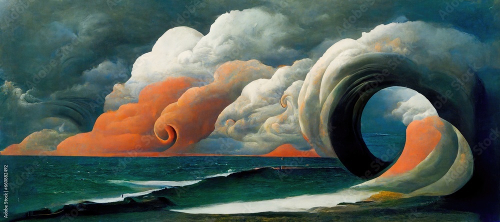 At the edge of the world before the last sunset a gigantic fiery portal ...