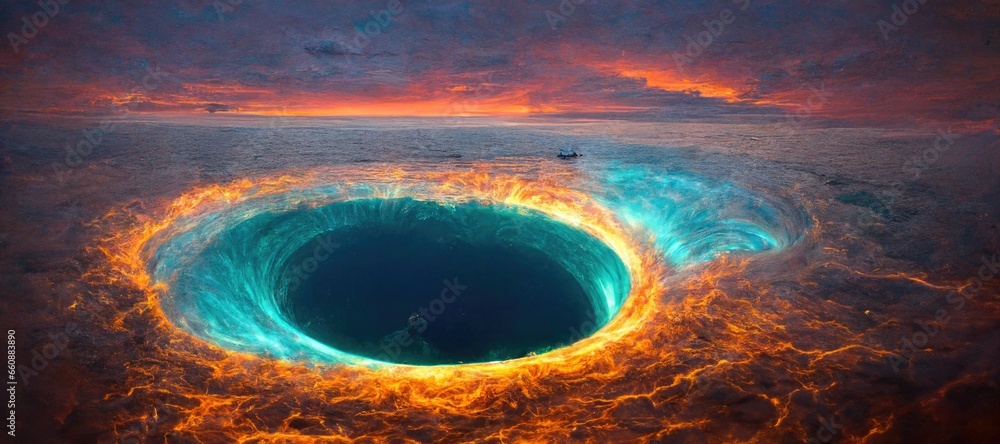 At the edge of the world before the last sunset a gigantic fiery portal ...
