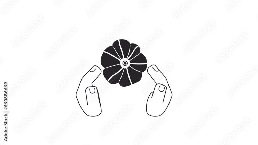 Kabocha pumpkin placing on bw 2D character hands animation. Autumn ...