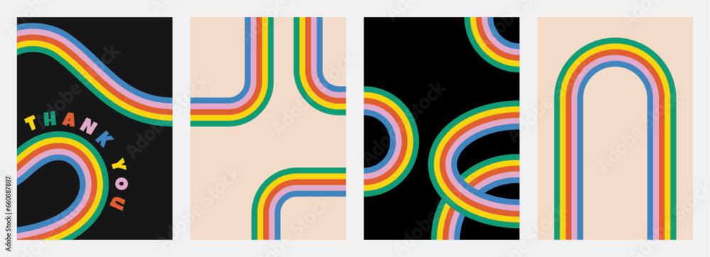 Retro 60s colorful rainbow cartoon illustration set. Thank you card or ...