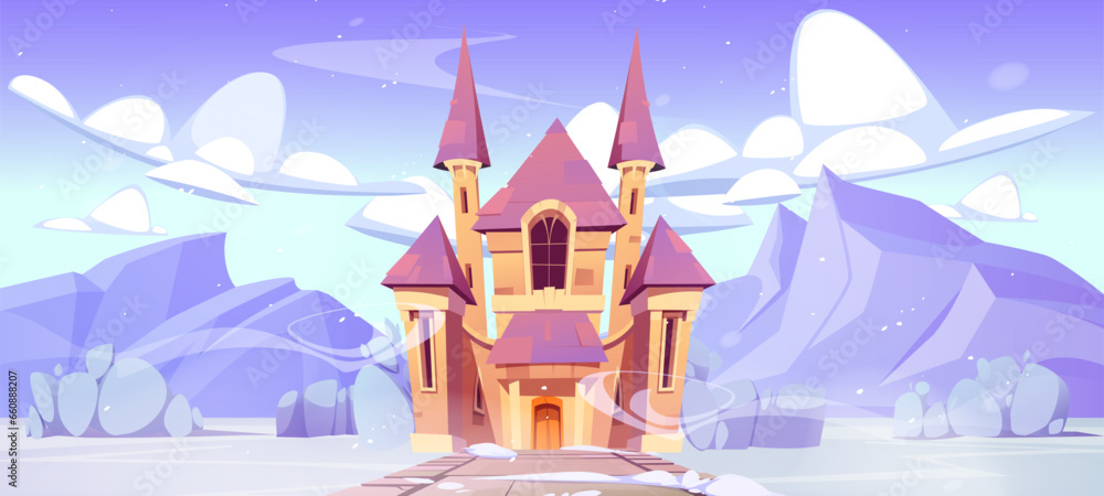 Medieval castle on winter mountain landscape. Vector cartoon ...