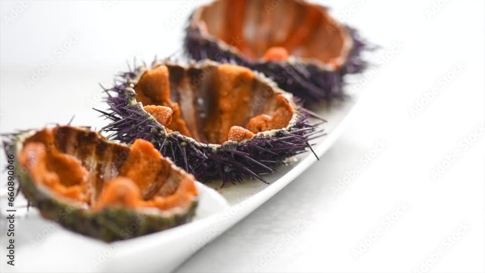 Sea Urchin with caviar close-up, on white plate. Fresh open sea urchins ...