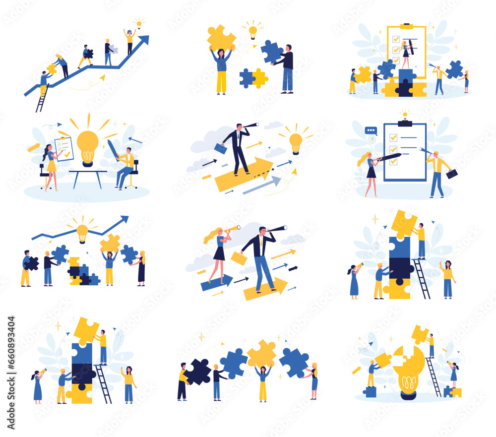 Business concept. Team metaphor. People connect puzzle elements. Flat ...