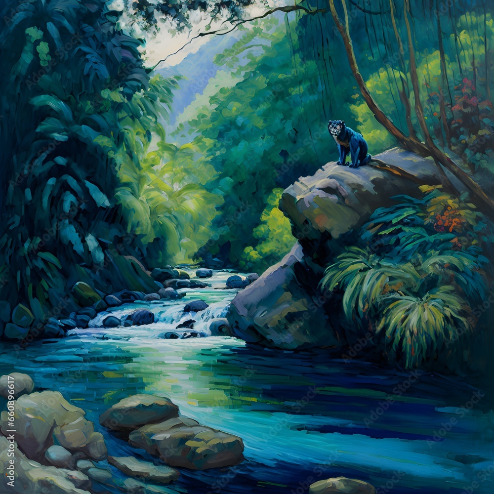 Monet style impressionist oil painting of fast flowing tropical river ...