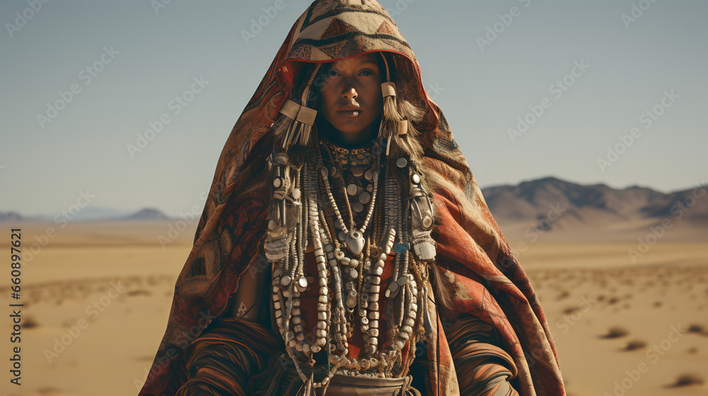 Photograph a nomadic desert tribe in traditional attire, emphasizing ...