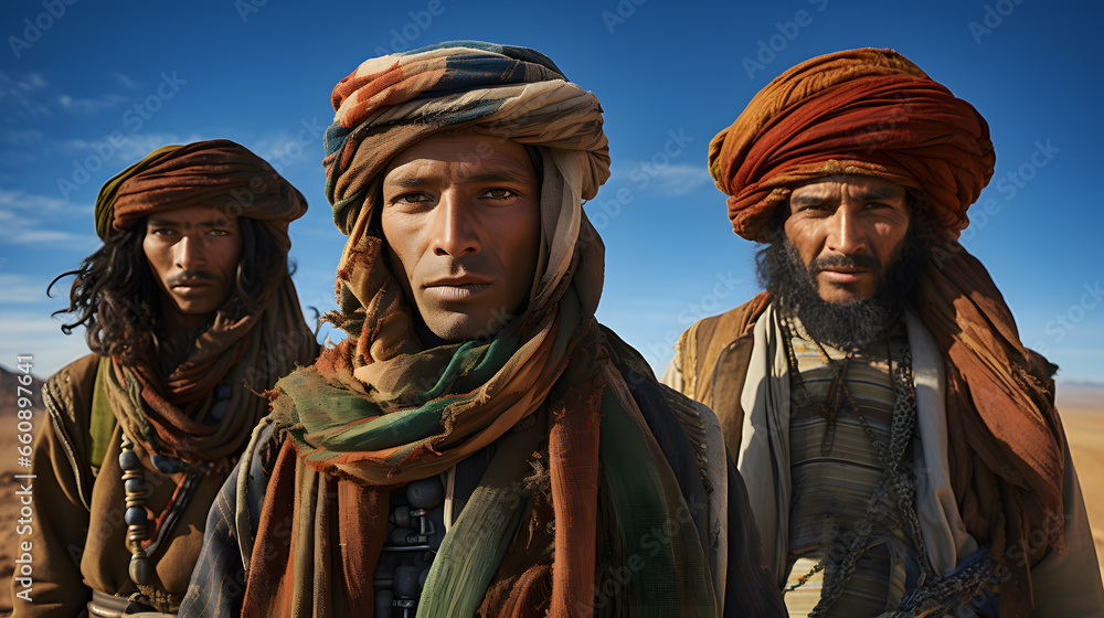 Photograph a nomadic desert tribe in traditional attire, emphasizing ...