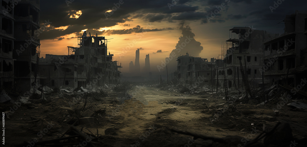 painting style illustration of war destroyed area of civilian town ...