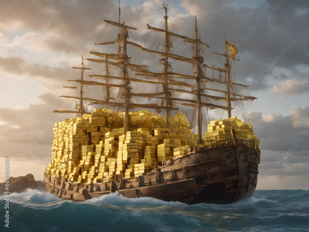 Ship carrying gold bars, gold barge Stock Illustration | Adobe Stock