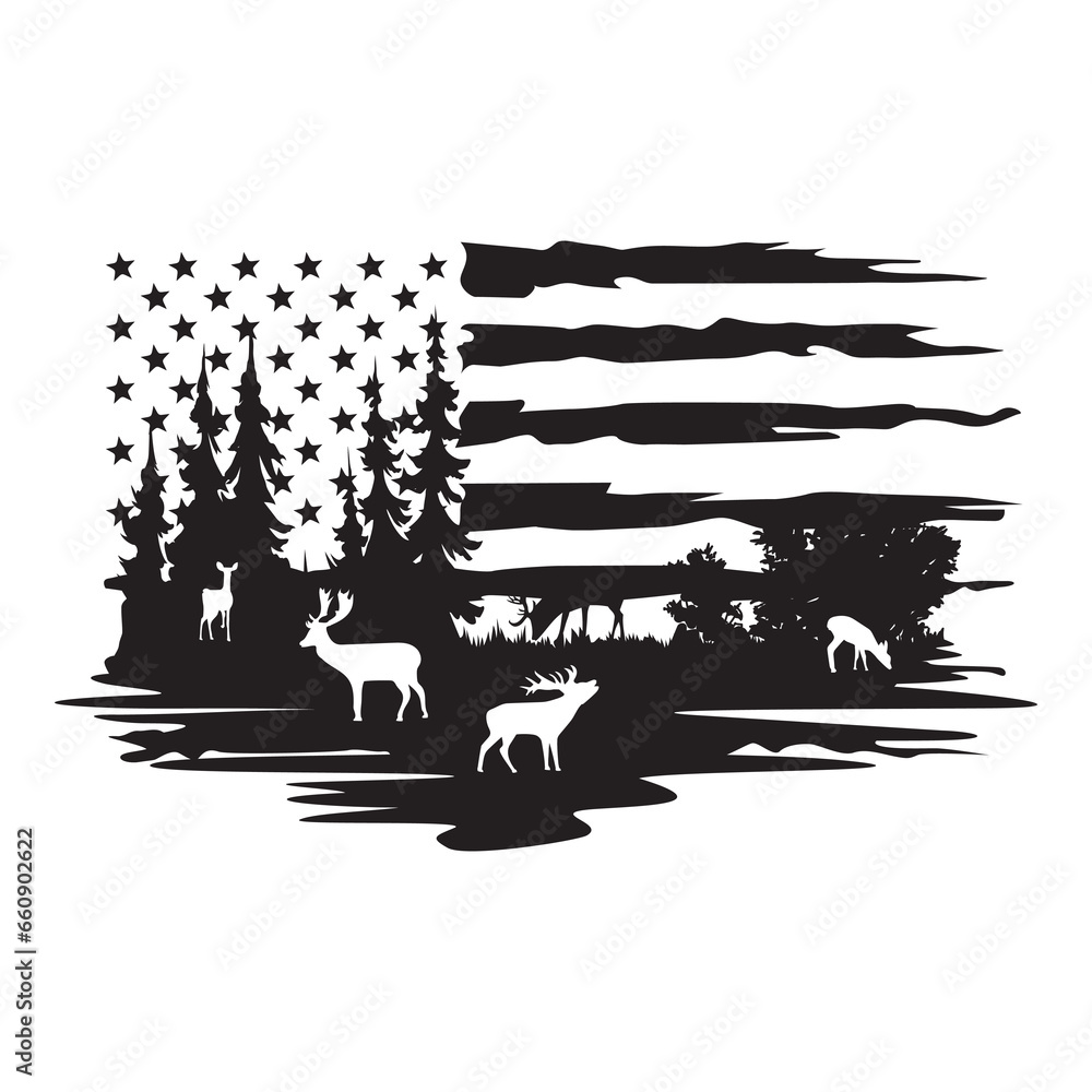 Deers in the forest american flag, hunting deer US flag, distressed ...