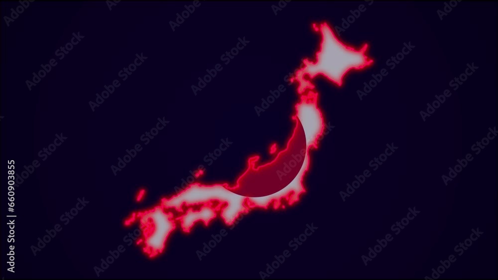 Japan Map Outline Country Border on black. Neon Lights colorful ...