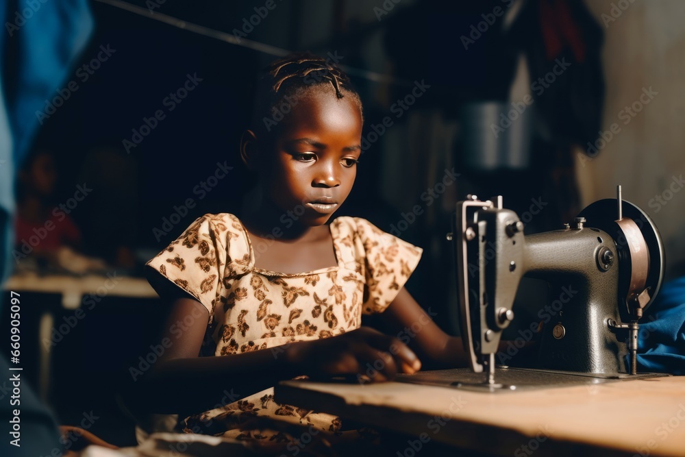 Poor girl sewing. African little tailor working poverty. Generate ai ...