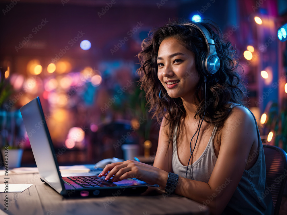 Young asian woman wearing headphones in front of laptop, smiling in a colorful neon room with ...