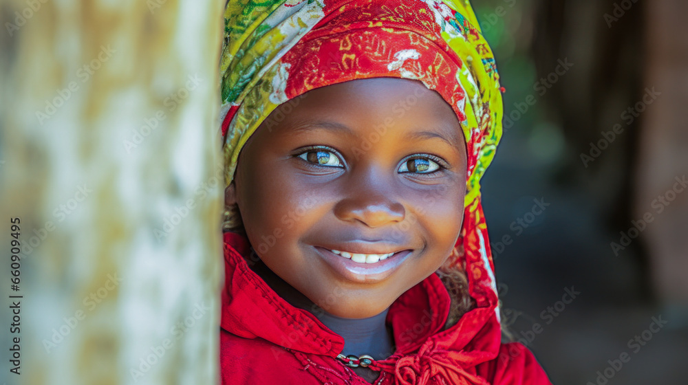 Evocative portrait of a determined young African girl in vibrant ...