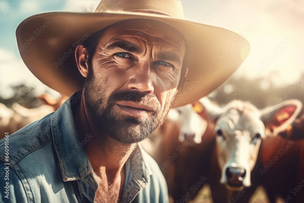 Australian man cattle portrait. Agriculture herd animal farm industry ...