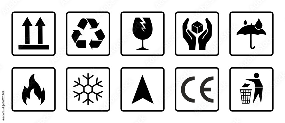 Common packaging & warning symbol set. Black & white flat style icons with frame & outline ...