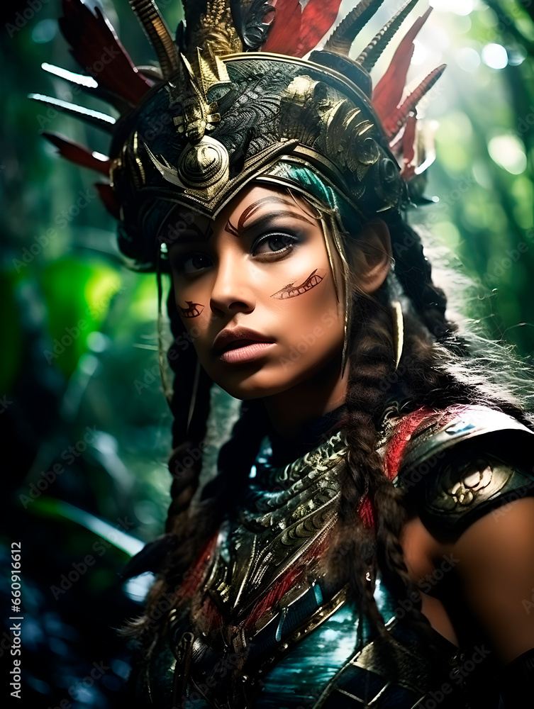 Beautiful woman model poses as a Inka warrior in jungle Stock ...