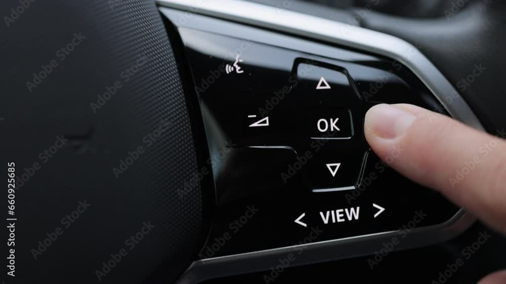 Close-up view of car interior. View of steering wheel of car control ...