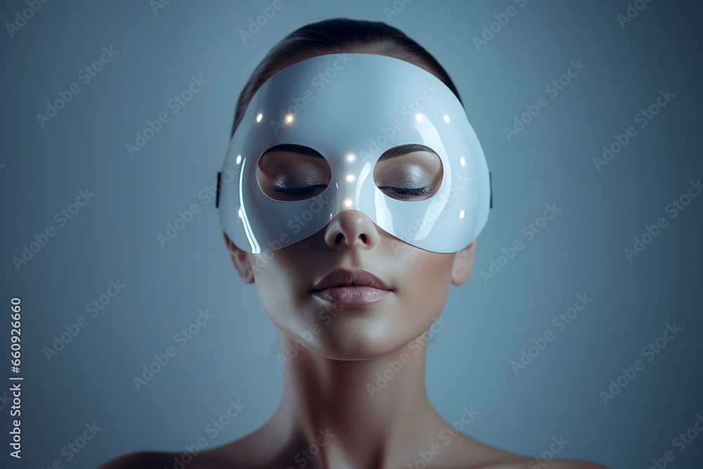 Woman with led light therapy facial beauty mask, photon therapy ...