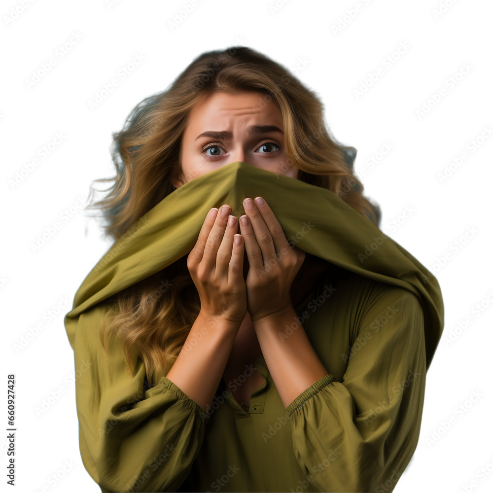 Portrait of a woman. The figure of a scared woman covering her face ...