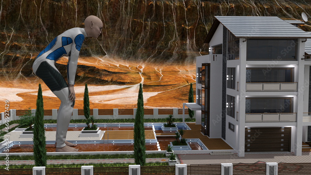 Illustration of a giant alien standing outside and leaning down with ...