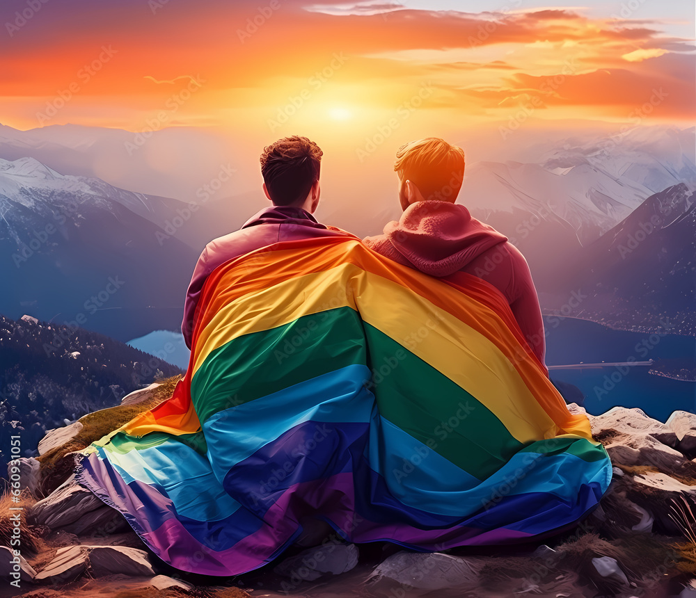 two guys,men or girl, women covered with lgbtq flag sitting on mountain ...