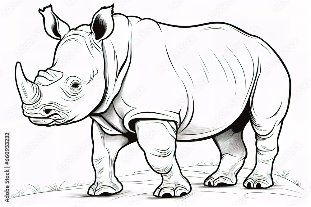 Kids coloring book image, rhinoceros cub, basic line drawing, simple ...