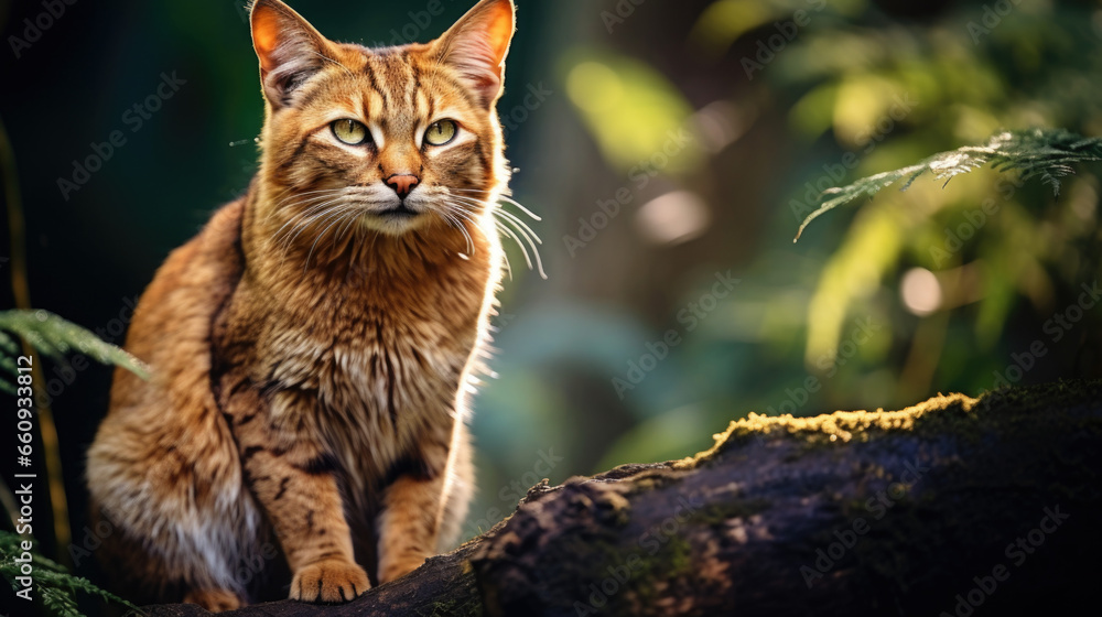 Asian golden cat in a forest. Catopuma temminckii family of Felidae ...