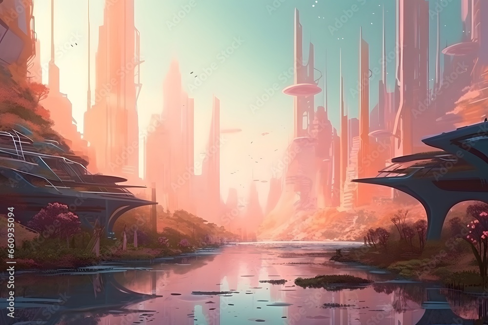 Peaceful futuristic cityscape at sunrise, futuristic gardens and ...