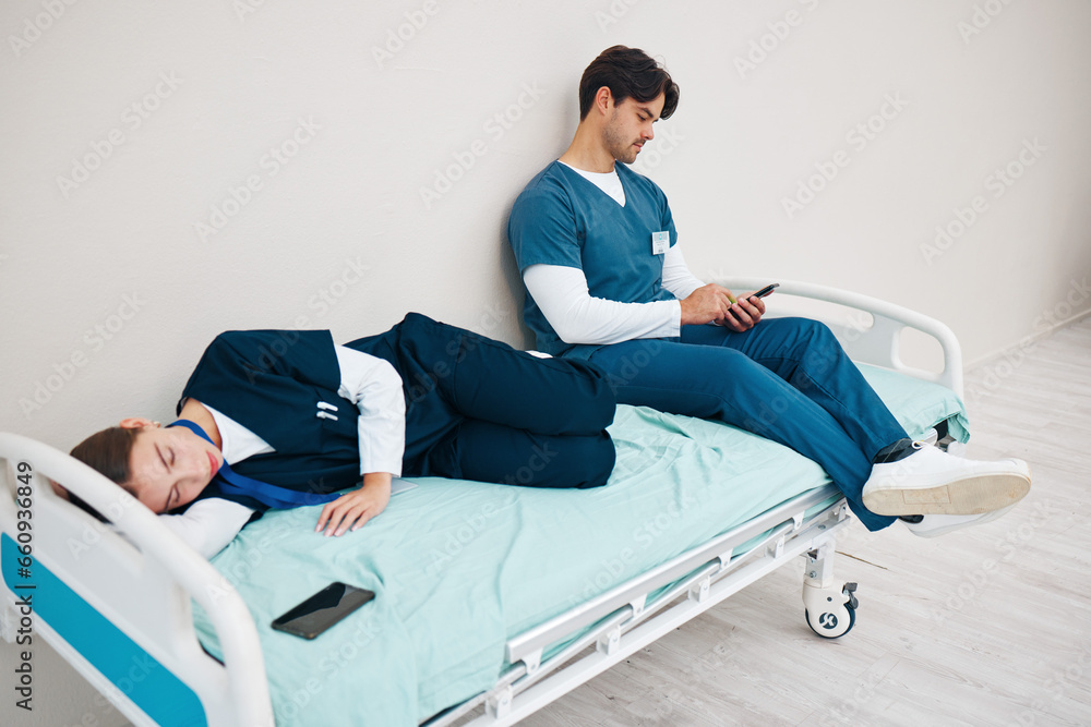 Sleeping, hospital and nurses with phone for break, nap and rest for ...